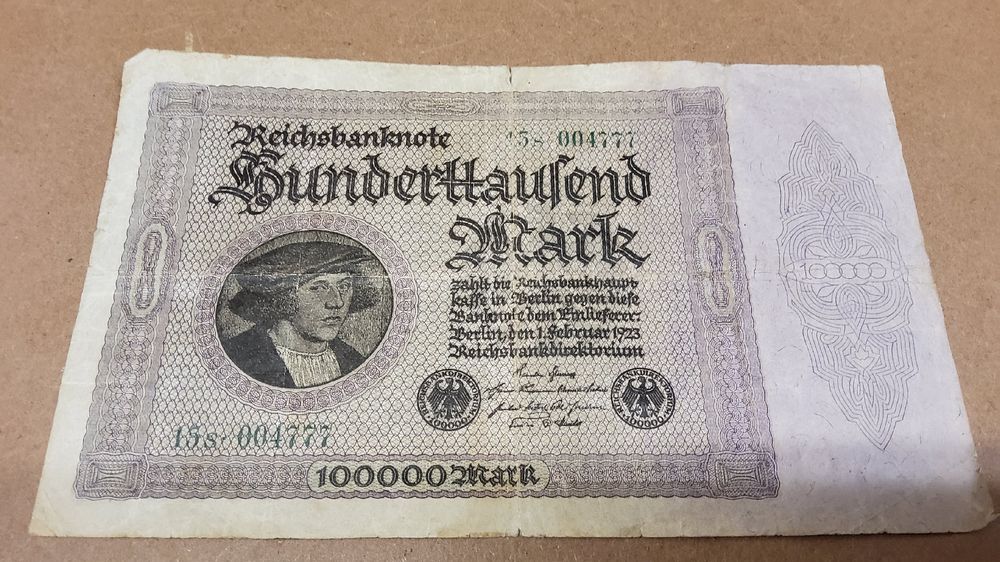 Historische Reichsmark 100000 Mark Banknote Jahrgang 1923 (Gebraucht) in Herisau für CHF 1.9 ...