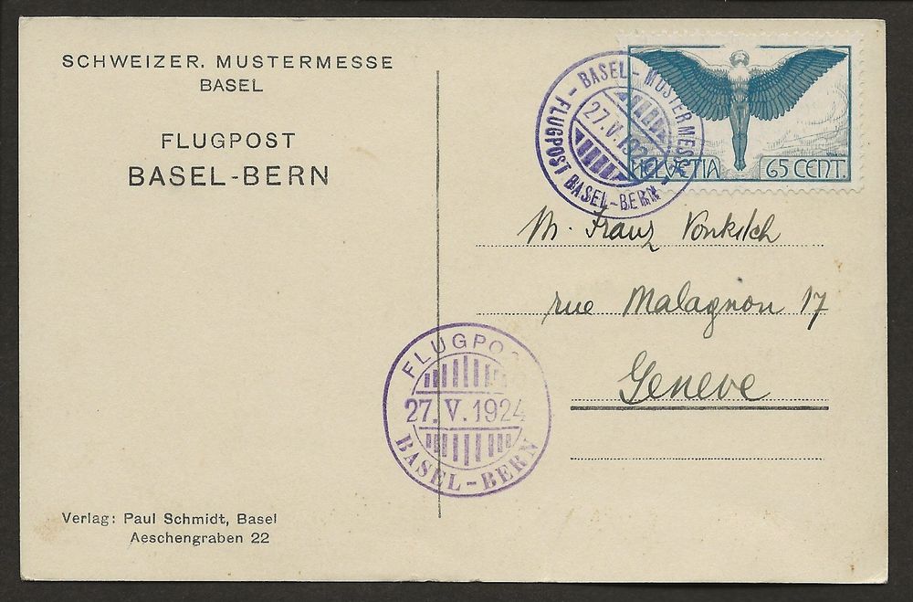 1924 Flugpost Basel - Bern Karte Mustermesse Genf selten F10 (Gebraucht) in Müswangen für CHF ...