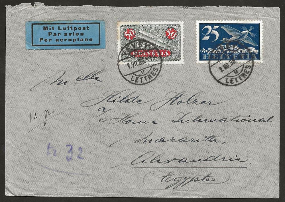 Flugpost Schweiz 1936 Vevey Alexandrien Ägypten Luftpost (Gebraucht) in Au ZH für CHF 12 – mit ...