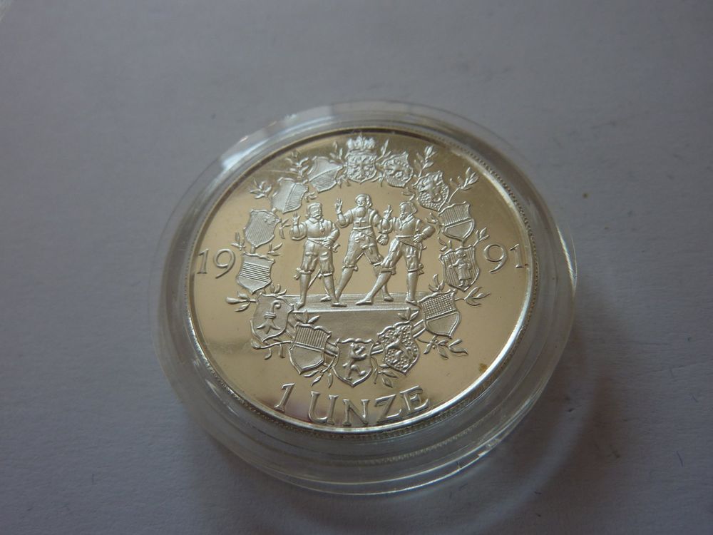 1 Unze - Silbermedaille : 700 Jahre Schweiz, Polierte Platte (Neu und originalverpackt) in ...