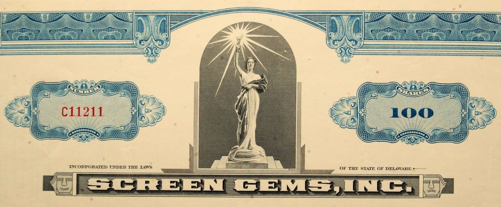 original SCREEN GEMS, INC. 1966 stock certificate (Gebraucht) in Lohn ...