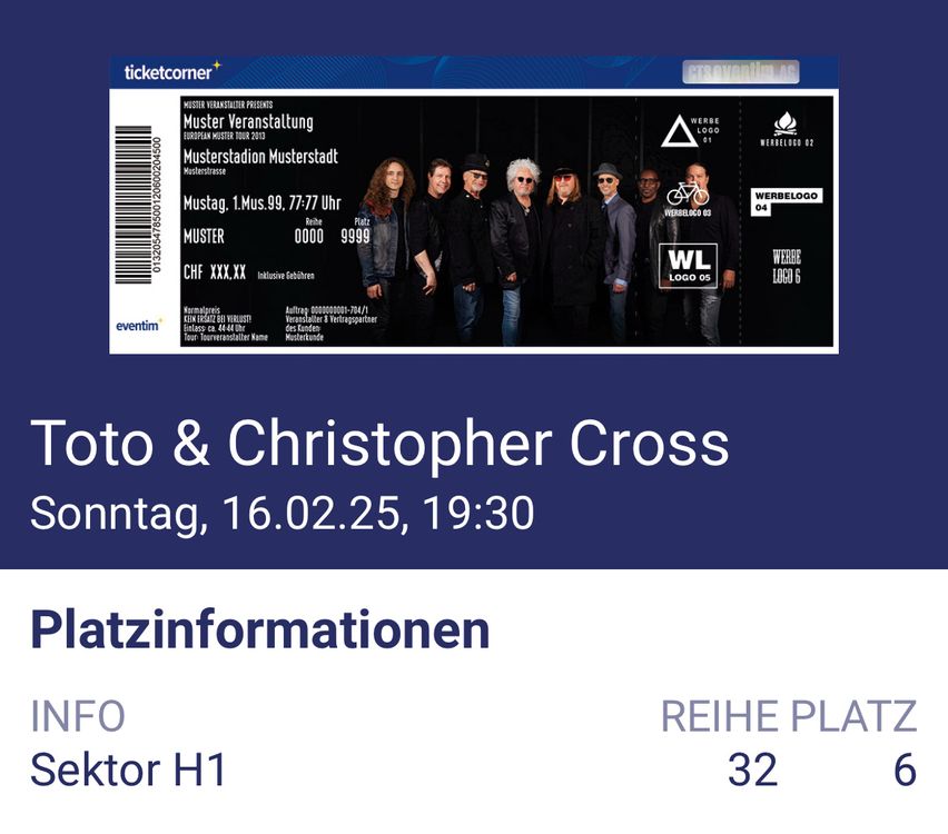 Toto & Cross Ticket, 16.02.25, Zürich , Sektor H1, Platz (Neu (gemäss ...