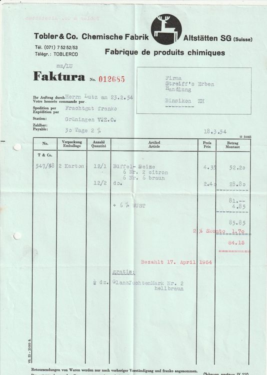 Rechnung Altstätten 1954 Chemische Fabrik Tobler (Gebraucht) in Rorschacherberg für CHF 2 – mit ...