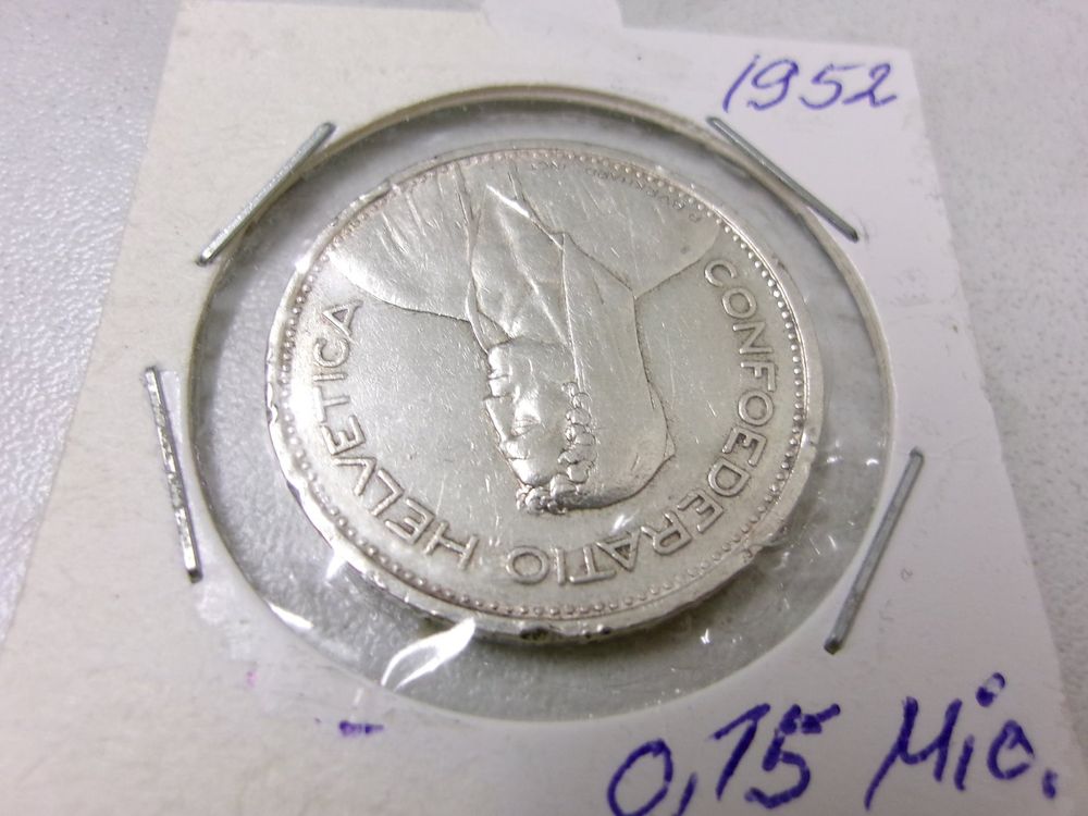 5 Franken 1952 Silber 0,15 Mio. gemacht sehr selten (Gebraucht) in Bad Zurzach für CHF 19 – mit ...