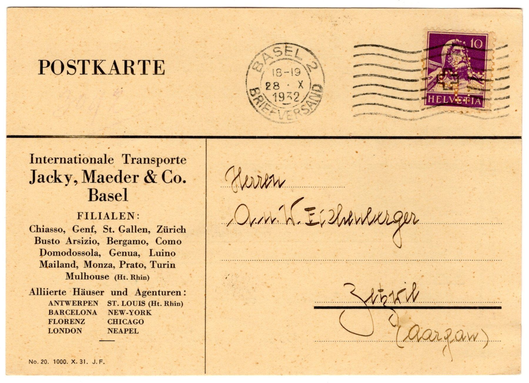 Perfin "Kreuz" auf Firmenkarte von BASEL nach ZÜRICH (Gebraucht) in Eglisau für CHF 9 – mit ...