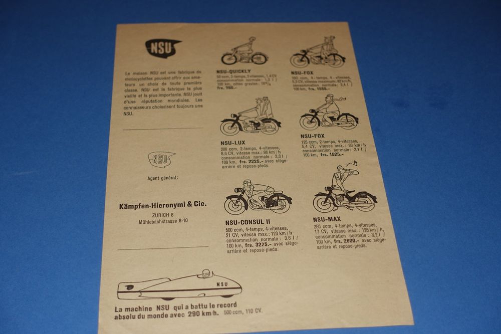NSU MOTORRAD SWISS BROCHURE OLDTIMER VINTAGE (D'occasion) à Bellevue ...