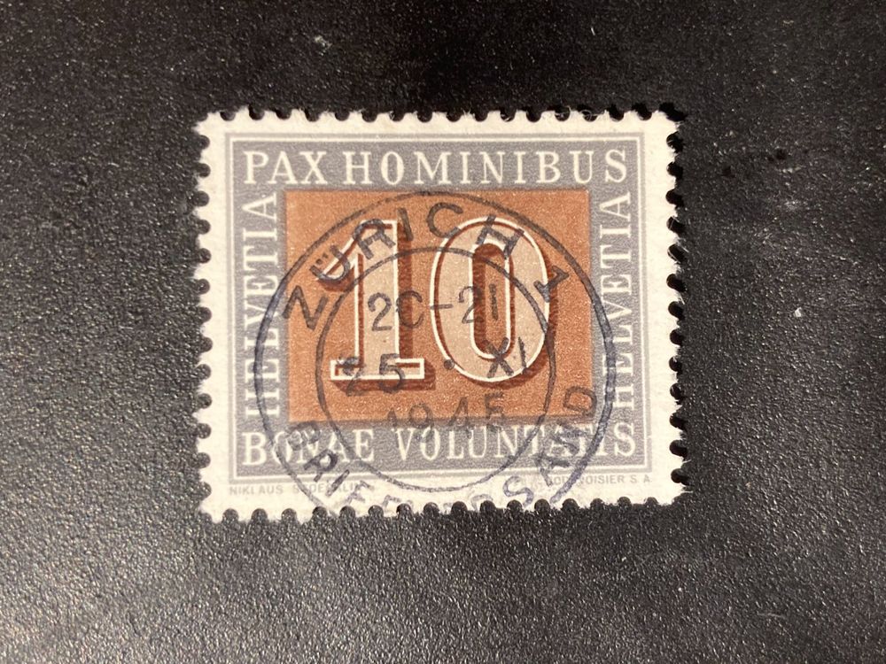 Schweiz 1945 PAX 10 Rp Vollstempel ZÜRICH 1 25.XI.1945 (Gebraucht) in Liestal für CHF 1 – mit ...
