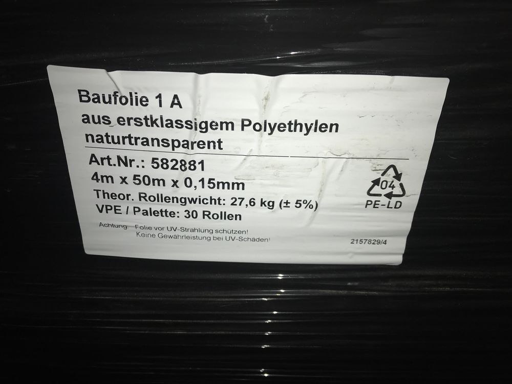 Baufolie 1A Abdeckfolie Bauplastik 4 m x 50 m x 0,15mm (Neu und originalverpackt) in Neuenhof ...
