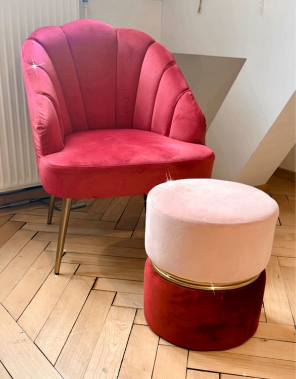 Samt Sessel mit Hocker, Gold, Rosa, Rot | Kaufen auf Ricardo