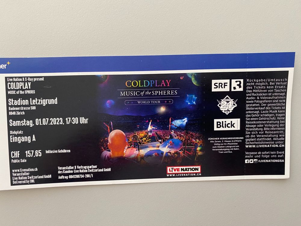 1 x Coldplay Ticket Stehplatz, Zürich, Samstag 01.07.2023 | Kaufen auf Ricardo