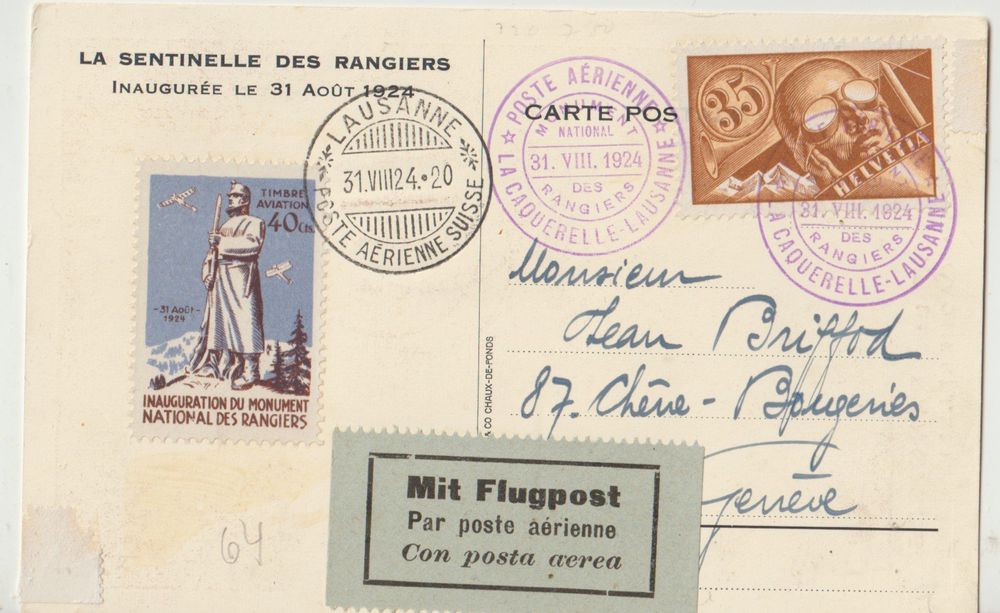Luftpost Karte 1924 La Caquerelle-Lausanne mit Vignette (Gebraucht) in ...