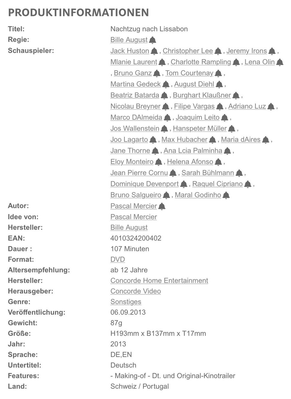 Nachtzug nach Lissabon (neu & ovp)Billie August,Jeremy Irons (Neu und ...