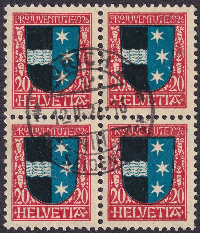 1926, Pro Juventute J39 Viererblock von Zürich. Kat: 70.- (Gebraucht ...