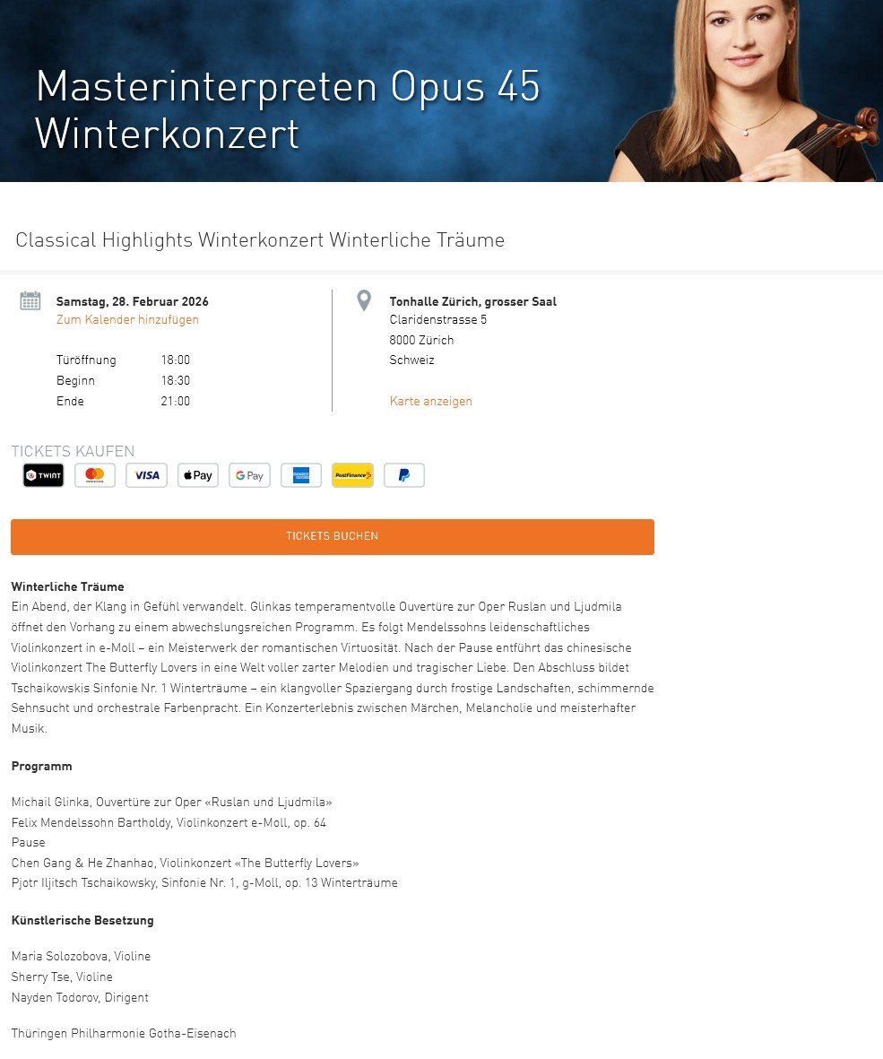 2 Tickets Kat. 1 "Opus 45 Winterkonzert" 28.02.26 Zürich (Neu (gemäss ...