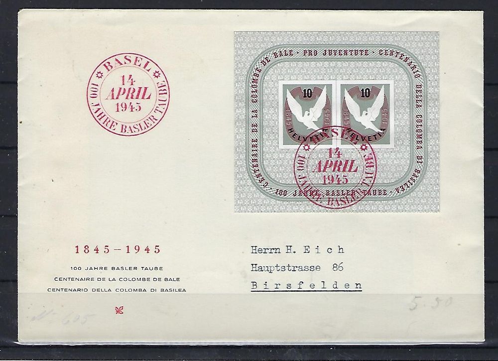 1945 100 Jahre Basler Taube Brief gestempelt ET. 15259 (Gebraucht) in Lunden für CHF 25 – mit ...
