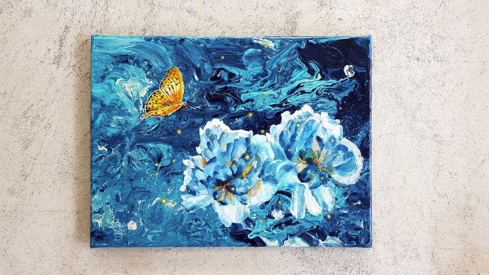 Pfingstrosen Schmetterling acrylic pouring Kunstwerk Gemälde (Neu und originalverpackt) in ...