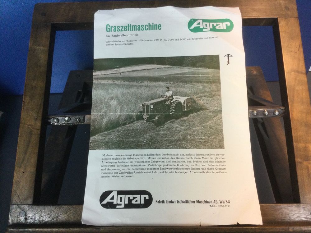 Alter Prospekt Agrar Graszettmaschine mit Hürlimann Traktor (Gebraucht ...