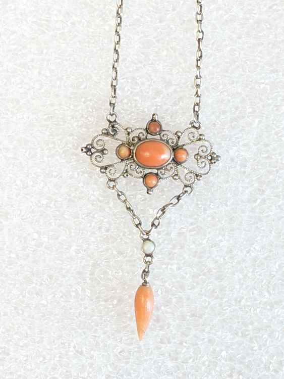 Antike silber Kette mit Anhänger, Koralle | Kaufen auf Ricardo