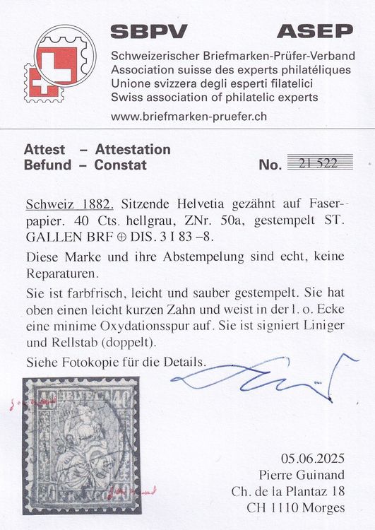 RAAAAAR Nr.50a ST.GALLEN, Attest GUINAND, SBK 5000.-+++ (Gebraucht) in ...