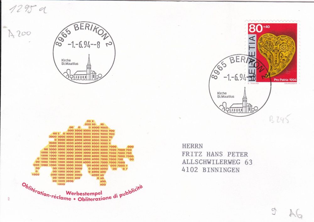 1 Ortswerbe- Poststempel Berikon 2 AG, ET 1994 | Kaufen auf Ricardo