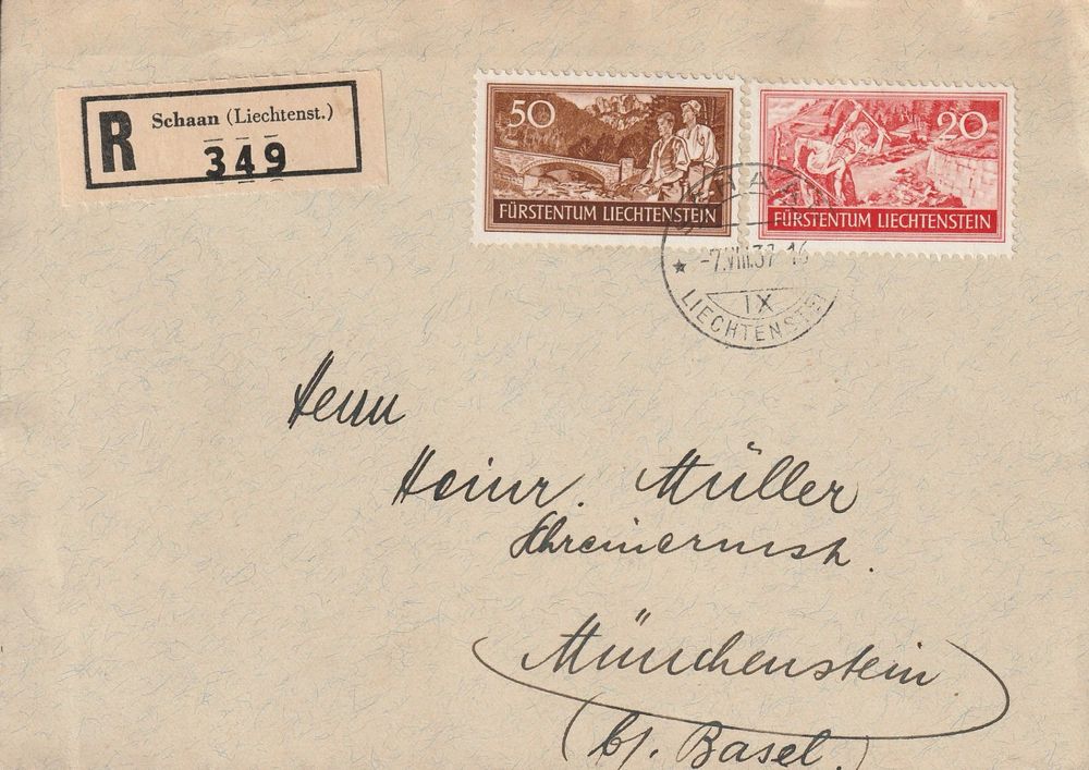R-Brief von Schaan nach Münchenstein, Marken 123+125, 1937 (Gebraucht) in Zürich für CHF 3 – mit ...