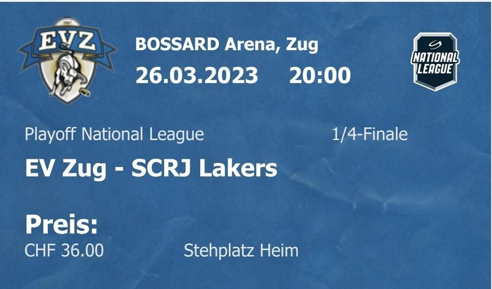 Stehplatz EVZ - SCRJ / EV Zug - Rapperswil /Spiel 6 (Neu und originalverpackt) in für CHF 11 ...