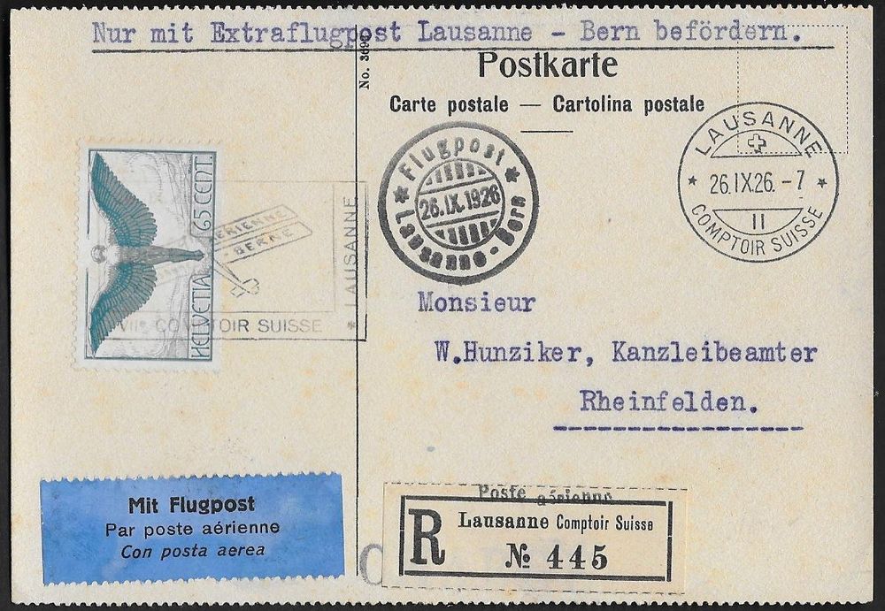 1926 CHARGE Flugpost Comptoir Lausanne-Bern F10 top ab 1.- (Gebraucht) in Zürich für CHF 28 ...