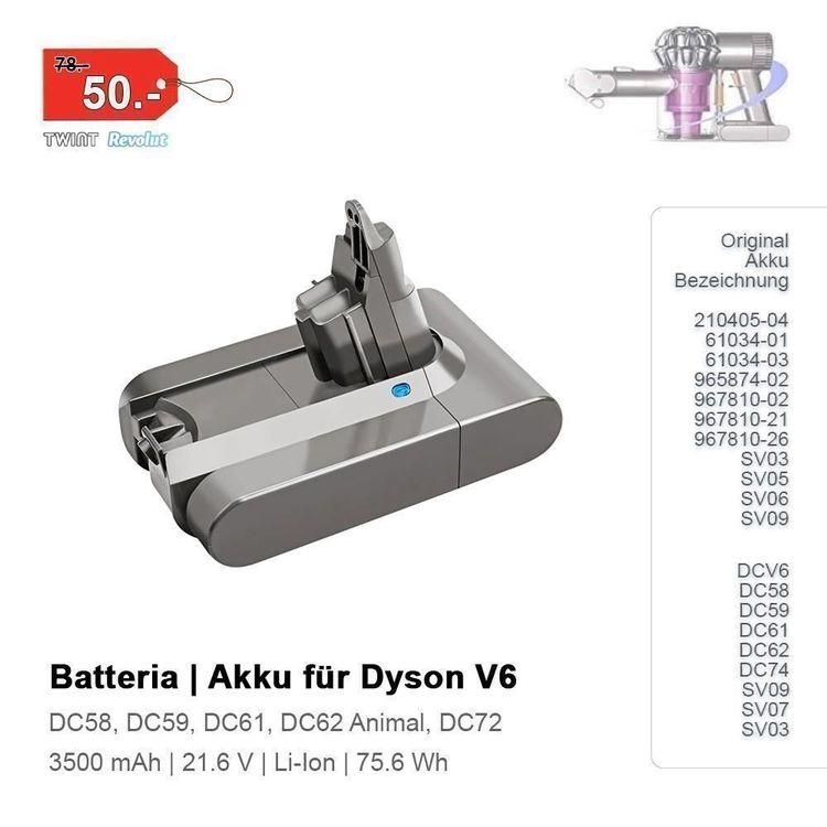 Dyson V6 Akku 3500 mAh DC58 DC62 DC72 (Neu und originalverpackt) in Chiasso für CHF 50 – mit ...