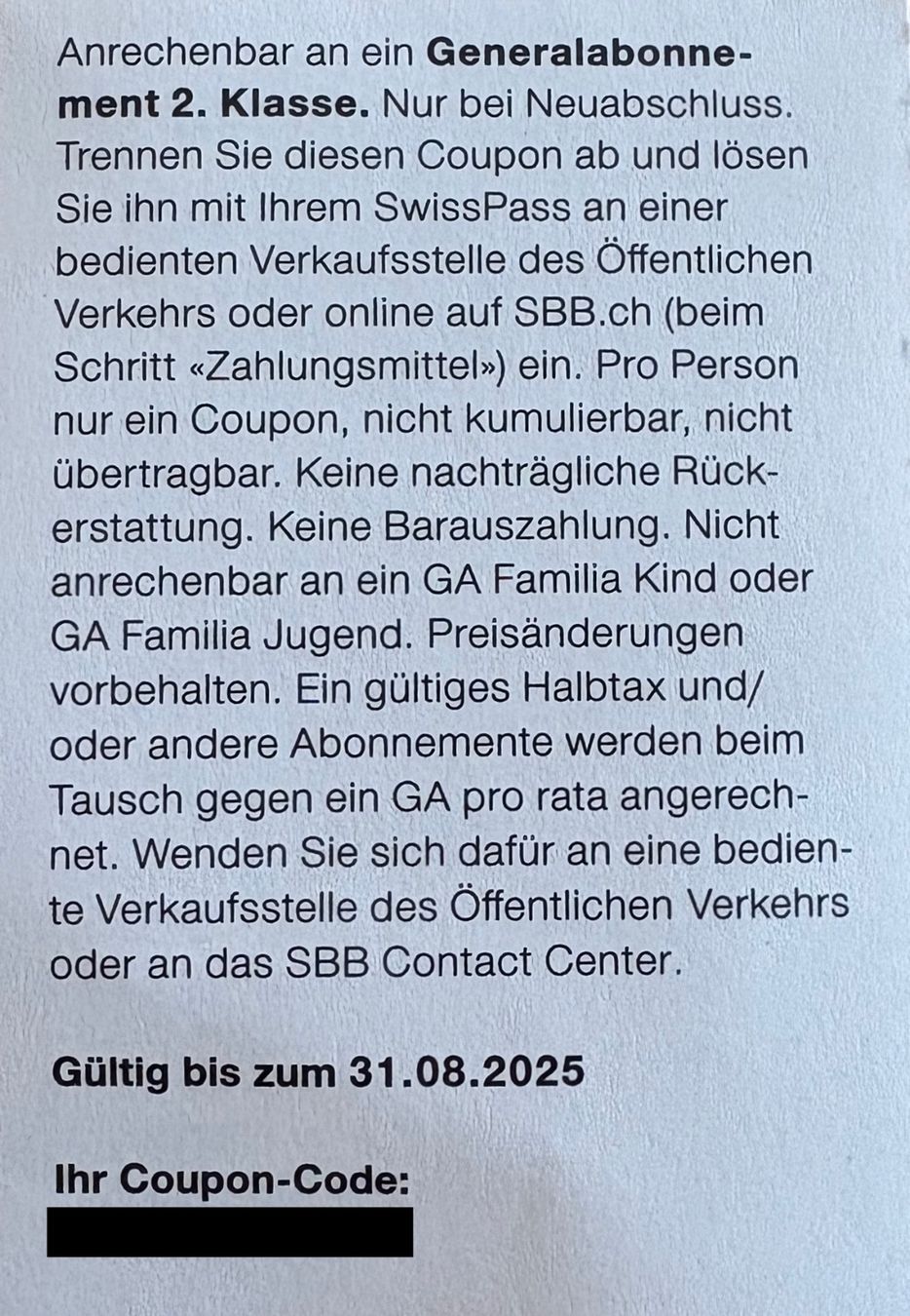 GA 2. Klasse Gutschein 200 Fr. Rabatt (nur online) (Neu (gemäss Beschreibung)) in Nunningen für ...