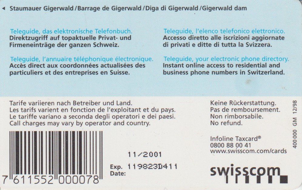 Télécarte Swisscom 20 CHF - Barrage de Gigerwald Rare! (D'occasion) à ...