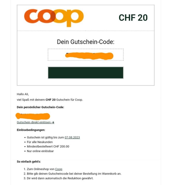 Coop 20.- Gutschein ab einem Einkauf von 200.- (Neu (gemäss Beschreibung)) in Wallbach für CHF 0 ...