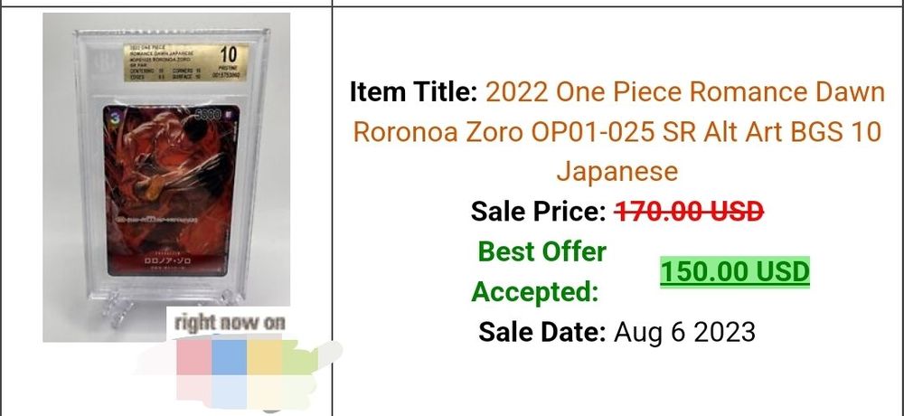 Roronoa Zoro OP01-025 SR Japanese BGS Pristine 10 (Gebraucht) in Neuhausen für CHF 82 – mit ...
