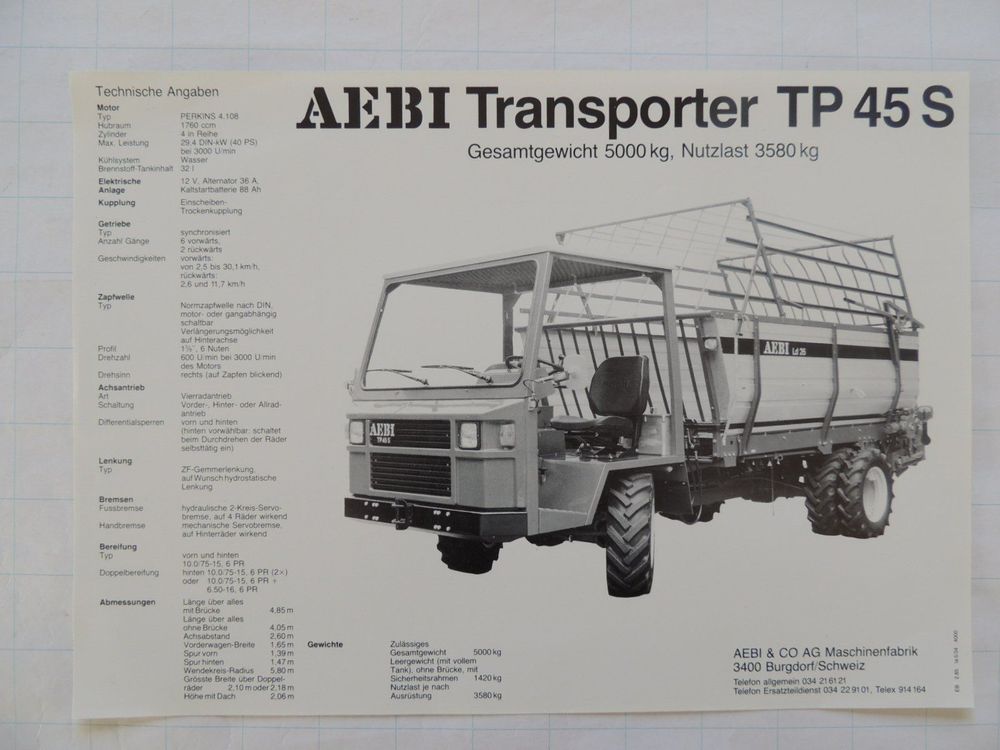 Aebi TP 45 S Transporter Prospekt 1985 (Gebraucht) in Zuzwil SG für CHF ...