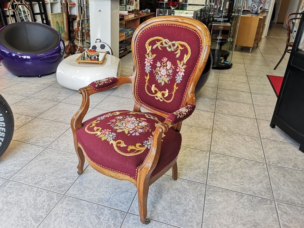 Antik Stuhl, Gobelin Polster-Sessel Stoffsessel, Blumenmotiv | Kaufen auf Ricardo