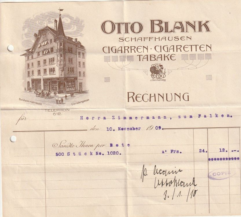 Rechnung Schaffhausen Otto Blank 1909 (Gebraucht) in Rorschacherberg ...