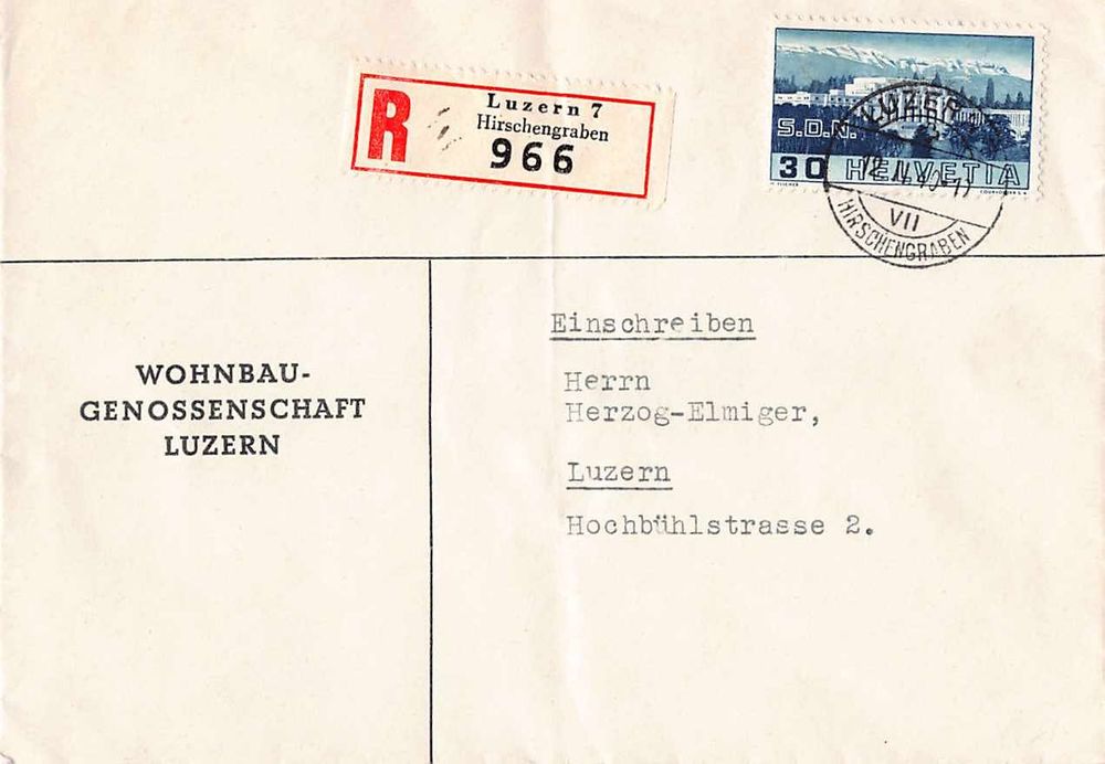 R-Brief der WOHNBAUGENOSSENSCHAFT LUZERN 1940 (Gebraucht) in Lufingen für CHF 2.2 – mit ...