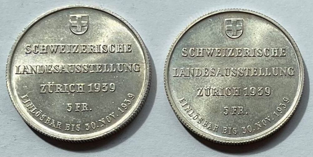 2 Schweizer Silber 5 Franken-Gedenkmünzen LANDI, Zürich 1939 (Gebraucht) in Zürich für CHF 44 ...