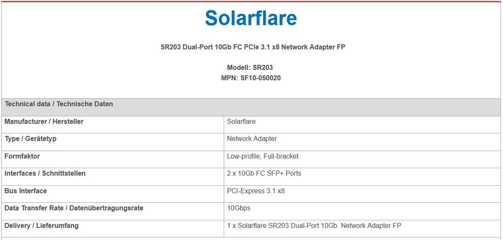 Solarflare SR203 Dual 10GbE Gigabit SFP+ Eth PCIe 3.1 x8 HBA (Gebraucht ...