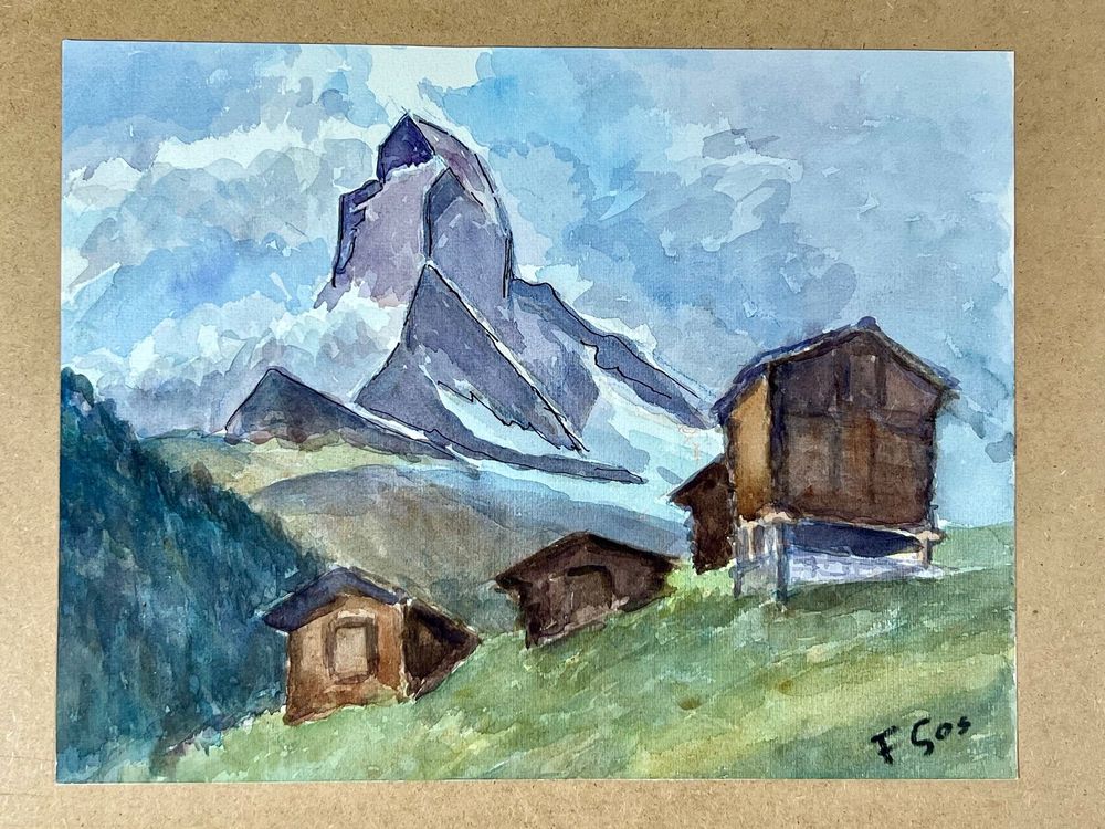 Francois Gos Aquarell Stadel mit Matterhorn Zermatt Original (Neu (gemäss Beschreibung)) in ...