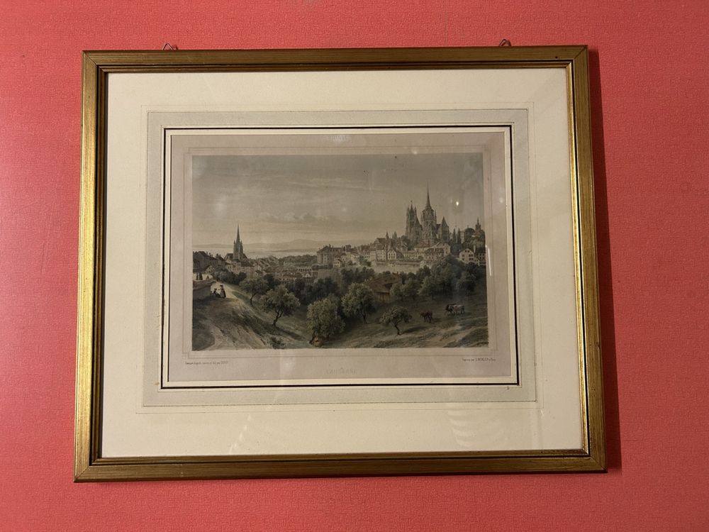 Alte Ansicht von Lausanne, Lithographie, gerahmt, antik (Gebraucht) in ...