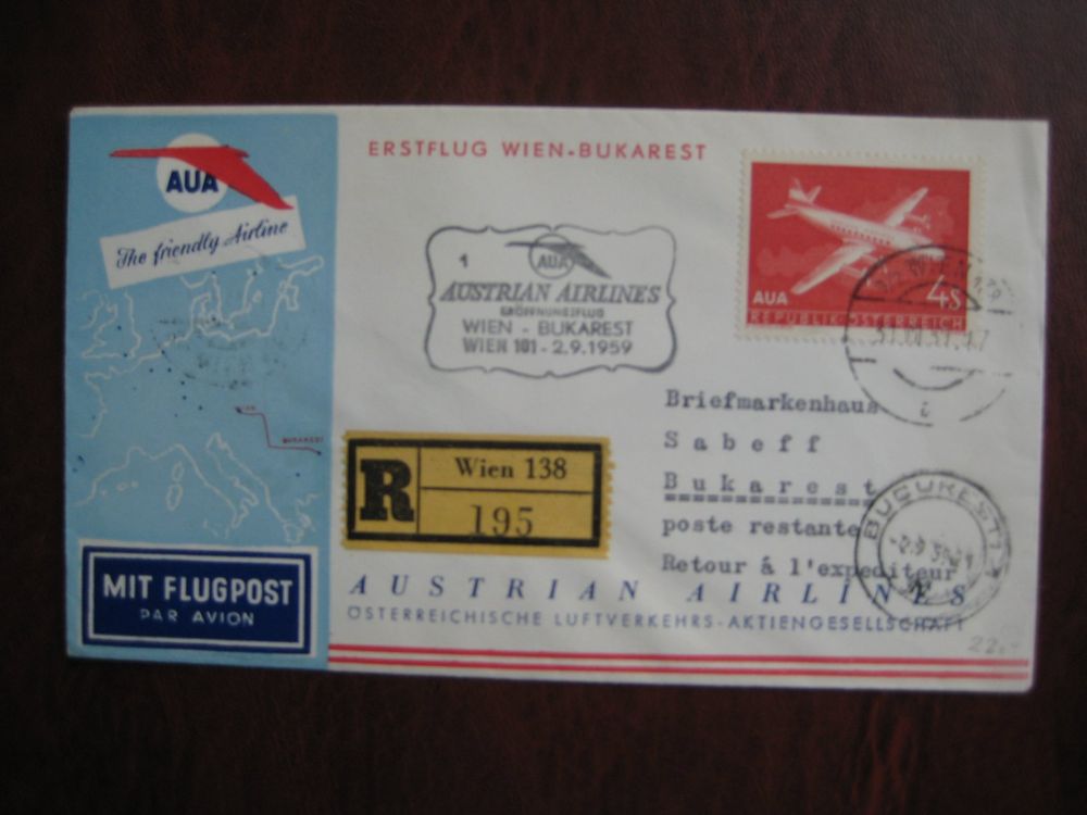 Erstflugbrief WIEN-BUKAREST 2.9.1959, AUA (Gebraucht) in Wangs für CHF 2 – mit Lieferung auf ...
