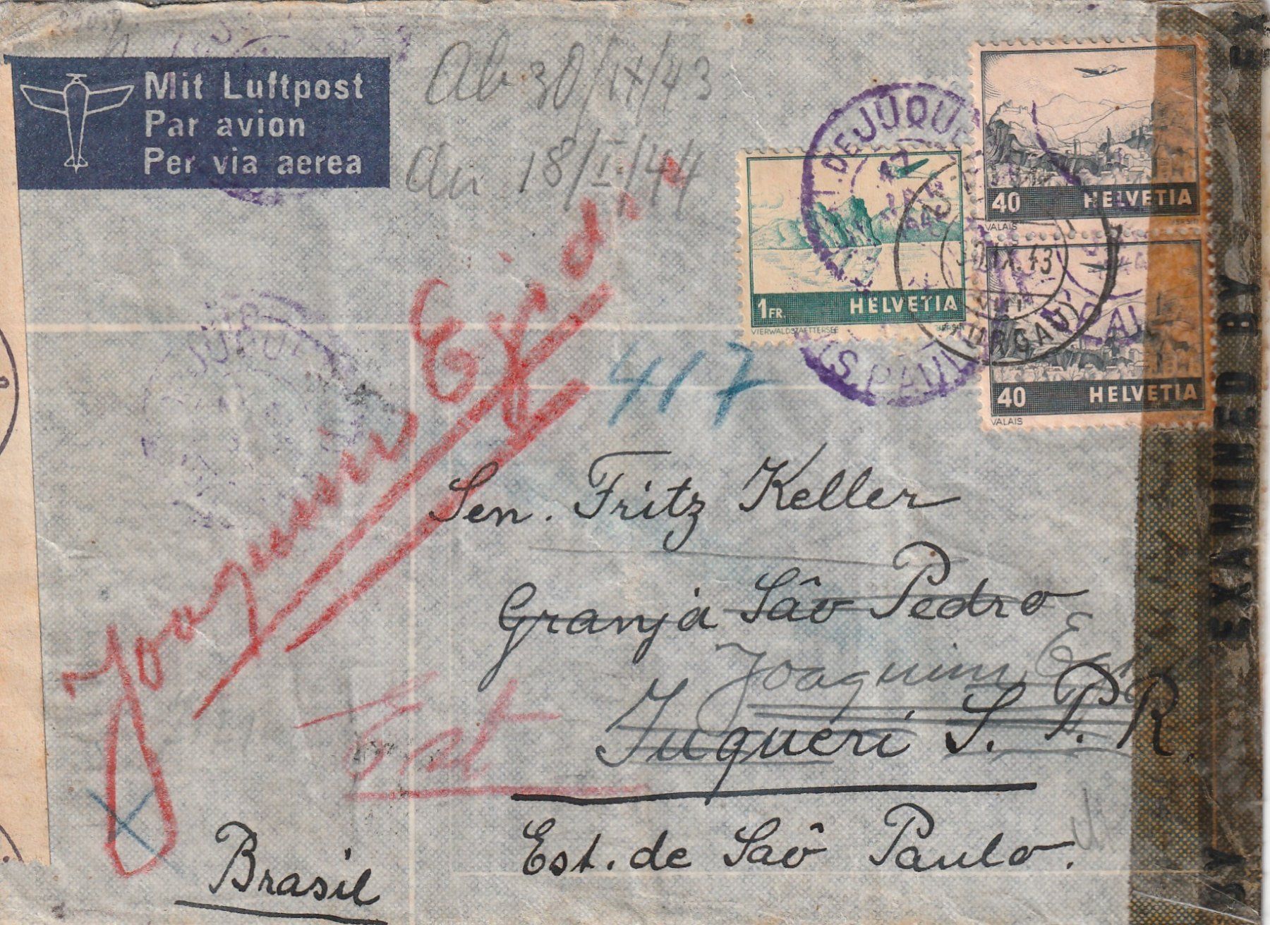 Luftpost Zensur-Brief-Schweiz/ Brasilien 1943 Reise 4 Monate (Gebraucht ...