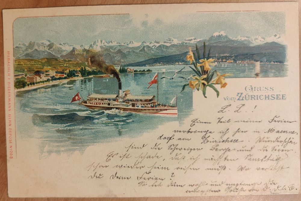 LITHO Dampfschiff Gruss vom Zürichsee um 1900 (Gebraucht) in St. Erhard für CHF 3.5 – mit ...