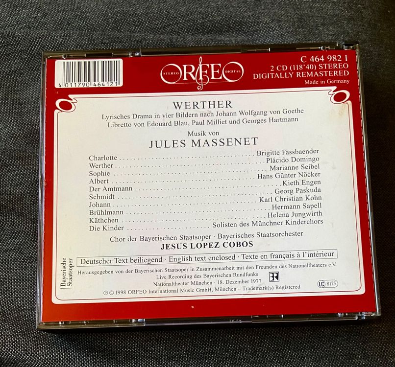 2 CDs JULES MASSENET • WERTHER Plácido Domingo • Fassbaender (Gebraucht) in Luzern für CHF 9.65 ...