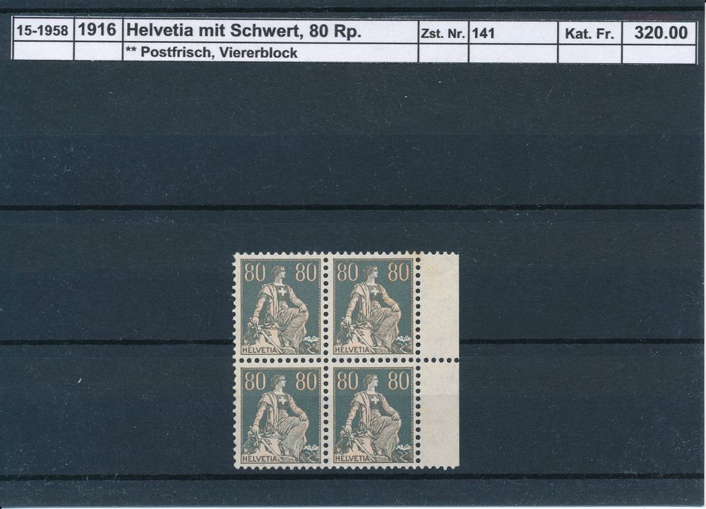 1916 Helvetia mit Schwert - 80 Rp., Viererblock (Neu (gemäss Beschreibung)) in Winterthur für ...