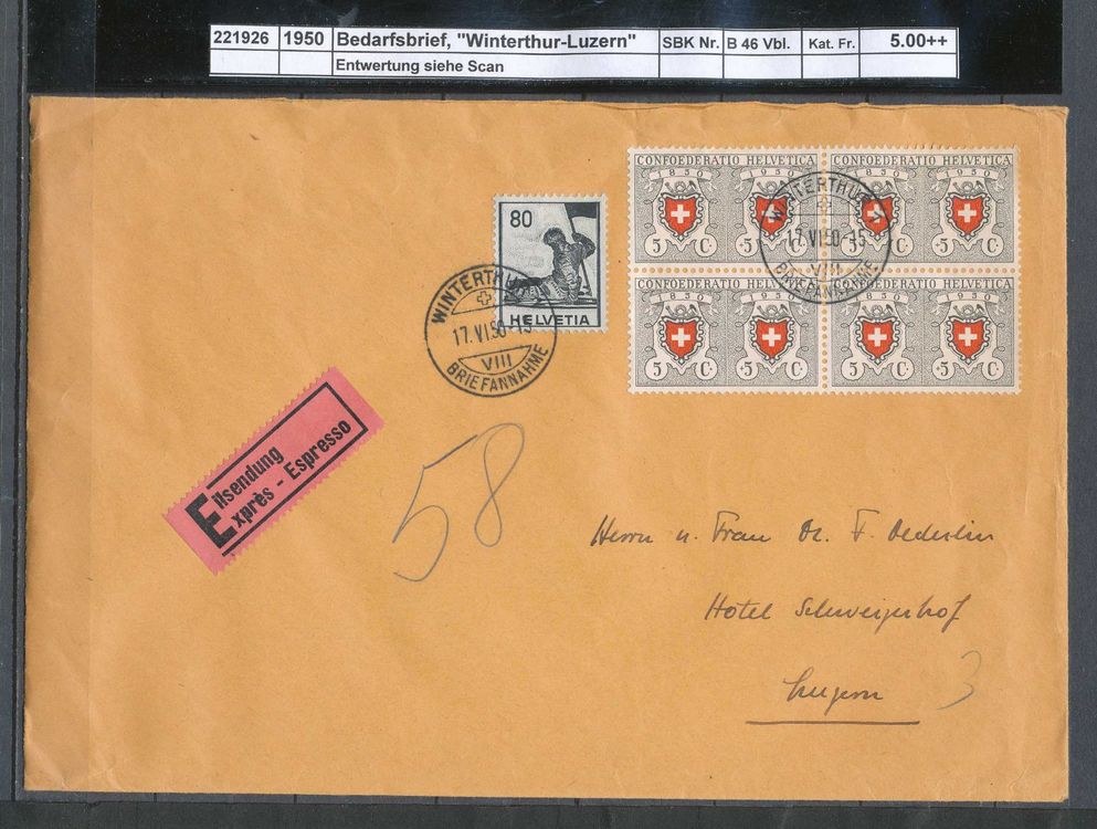 1950 Pro Patria - 5 Rp. Viererblock, Bedarfsbrief (Gebraucht) in Winterthur für CHF 2 – mit ...