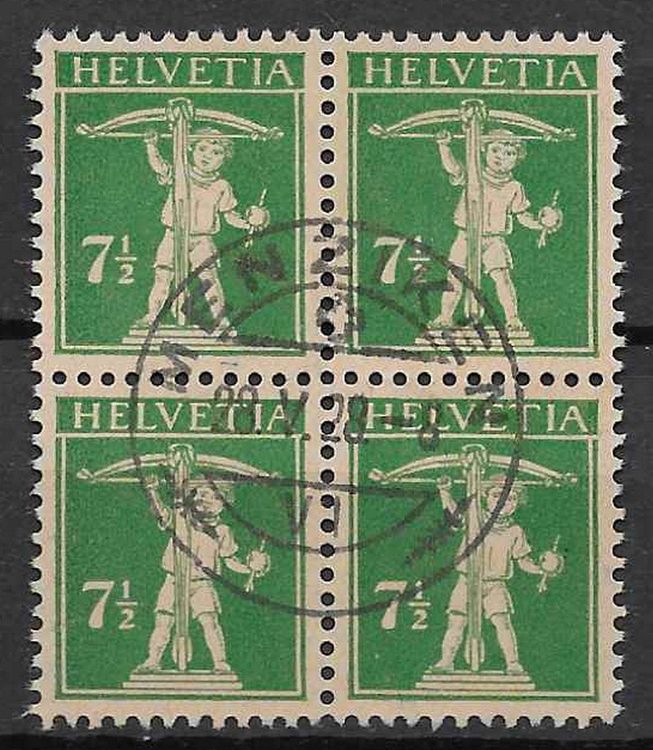 1928:Viererblock Tellknaben 7 1/2 Rp.grün Nr.171 Menziken | Kaufen auf Ricardo
