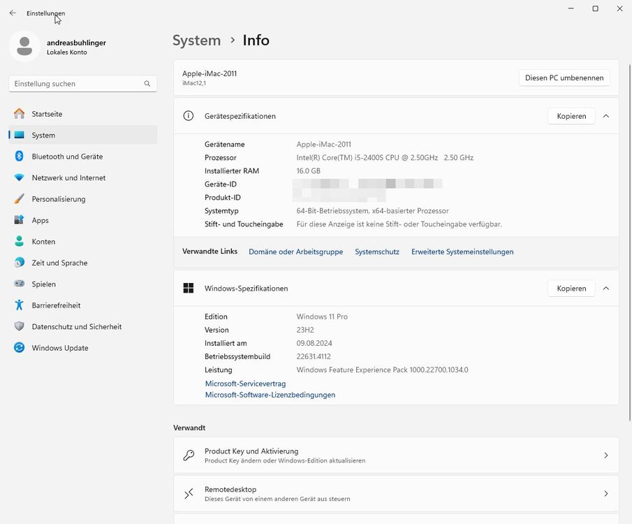 Windows 11 Pro 25H2 auf iMac 2011 21.5" 16GB RAM (Gebraucht) in ...