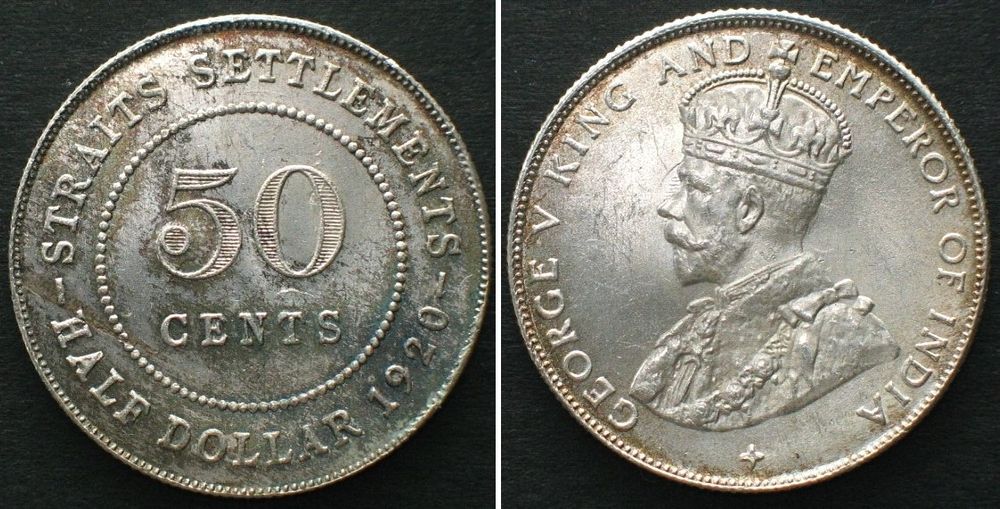 STRAITS SETTLEMENTS 50 Cents 1920 GEORGE V. Silber stgl! (Gebraucht) in ...