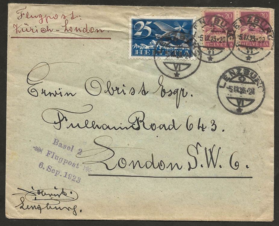 Flugpost Schweiz 1923 Basel PrSt Nr. 6 London Luftpost (Gebraucht) in Au ZH für CHF 80 – mit ...